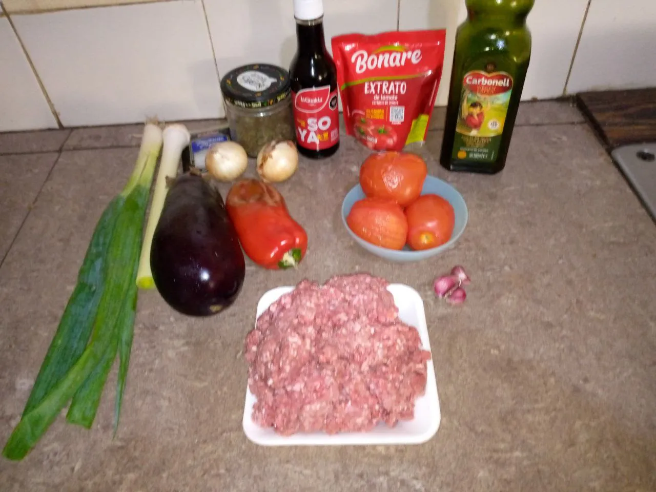 Ground beef with eggplant in tomato sauce [Esp-Eng]