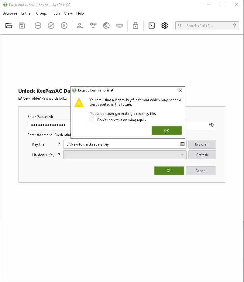 Replace legacy key file for key file in KeePass database