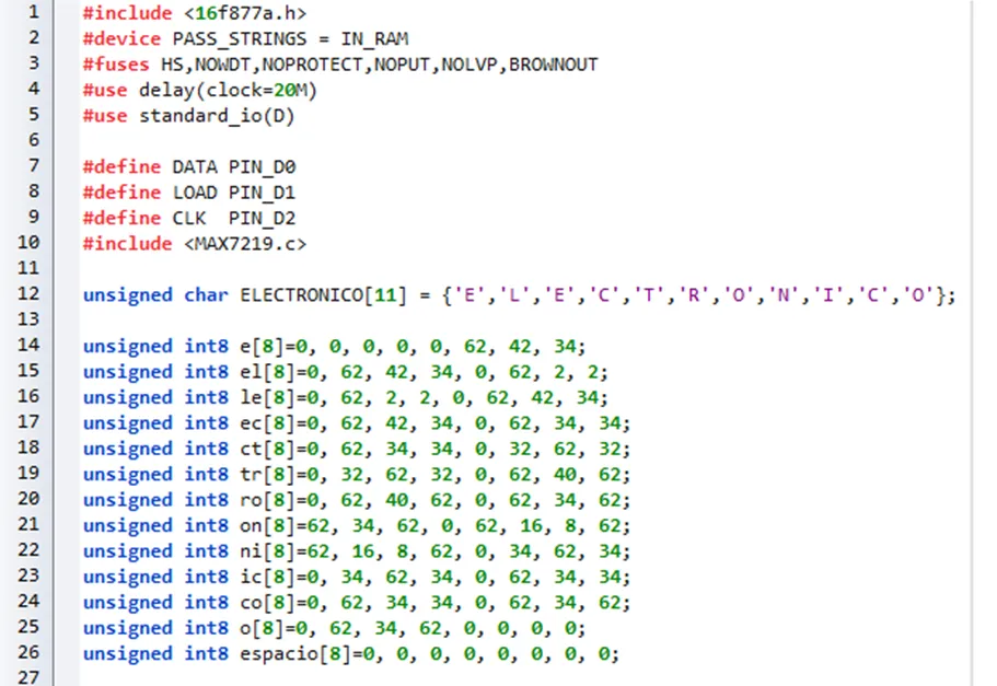 Matrix display control using PIC16F877a and C code EN/ES