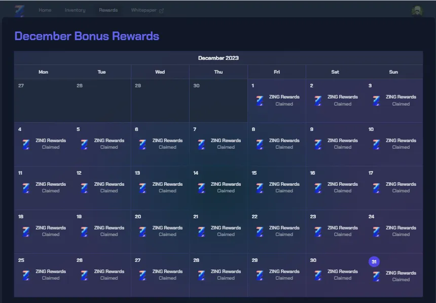 Zing Quest "December Bonus Rewards" - completed