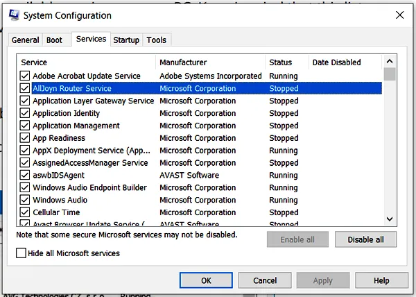 Windows 10 Administrative tools - System Configuration