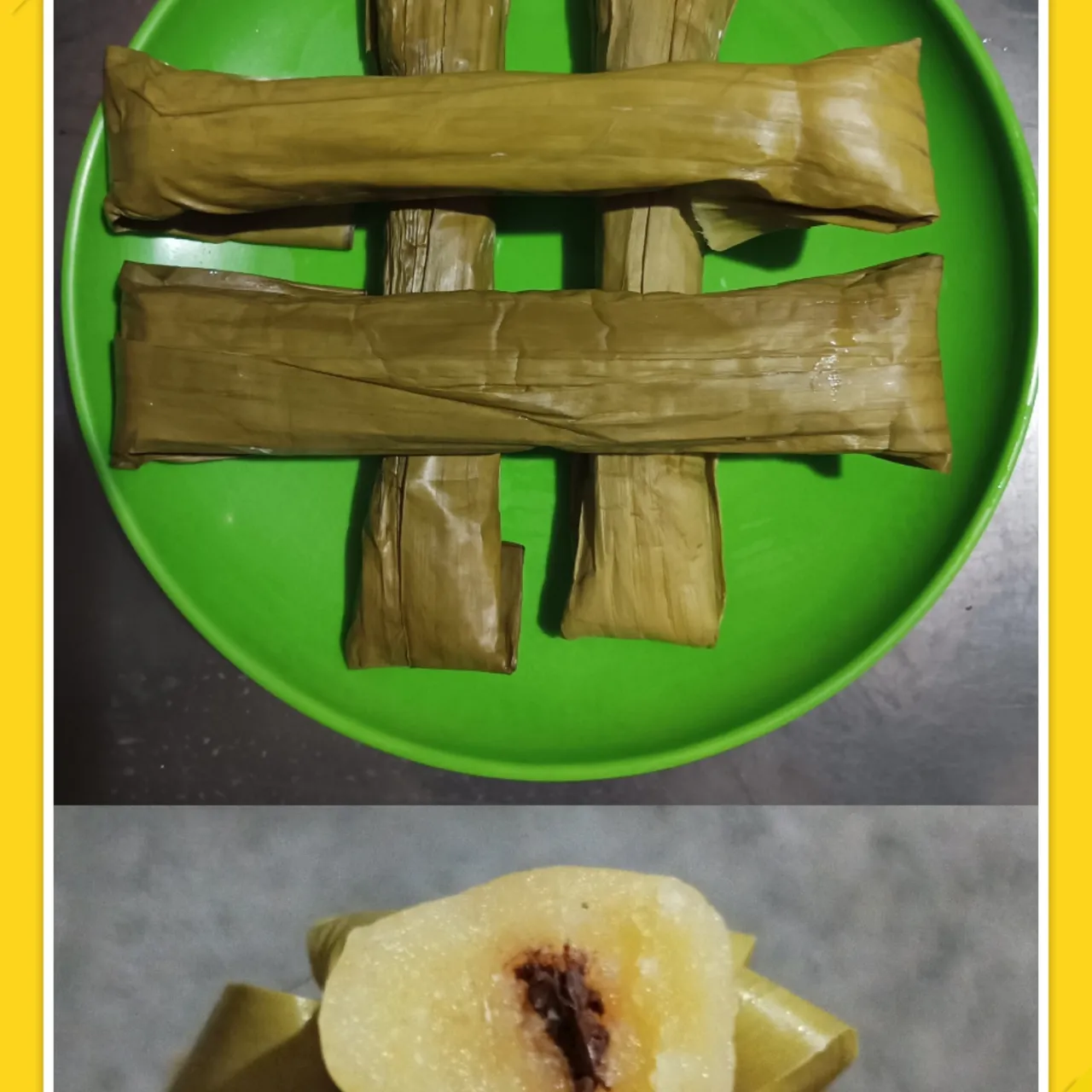 Cassava rolls wrapped with banana leaves