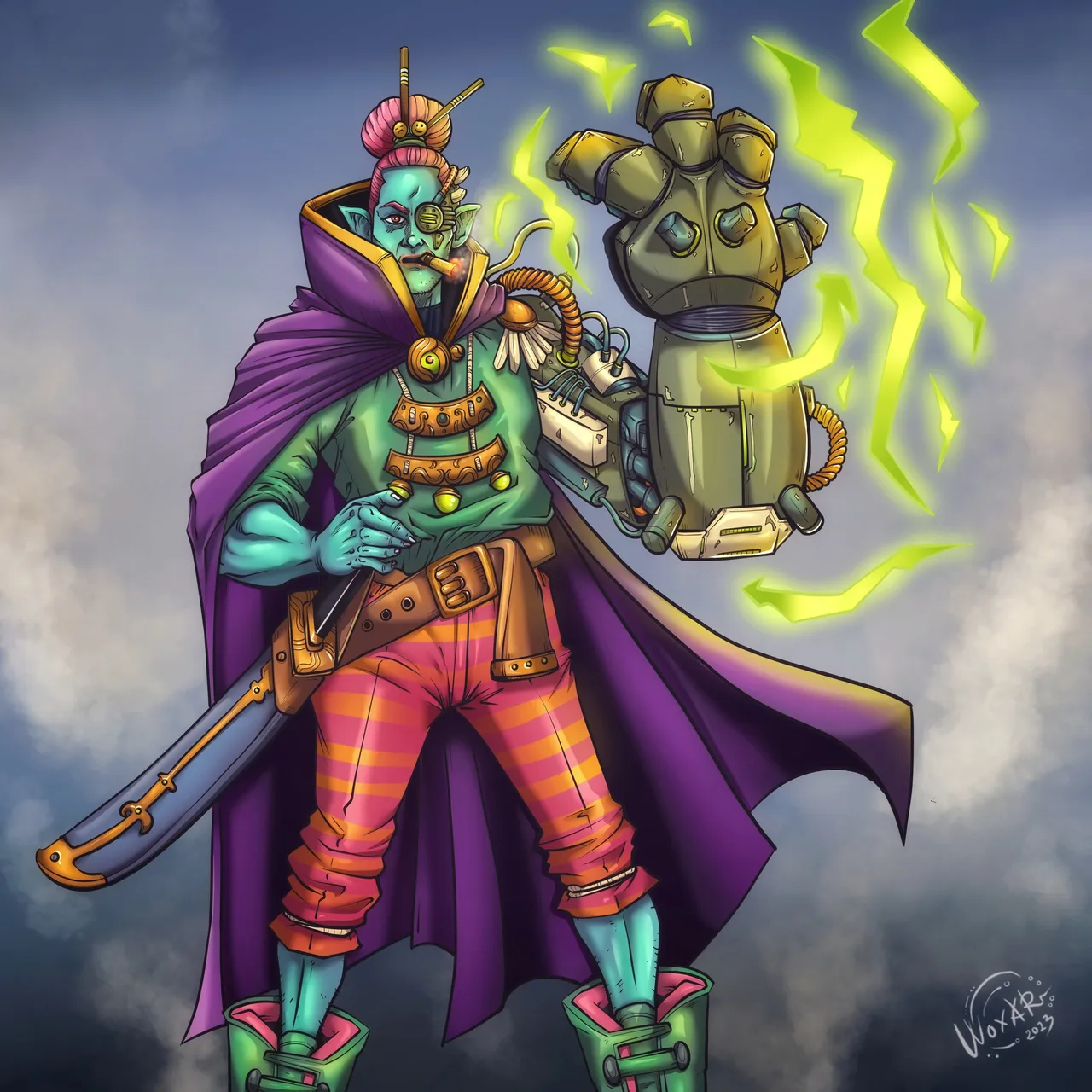 Alien police wearing eccentric clothes with big robot hands, Digita...