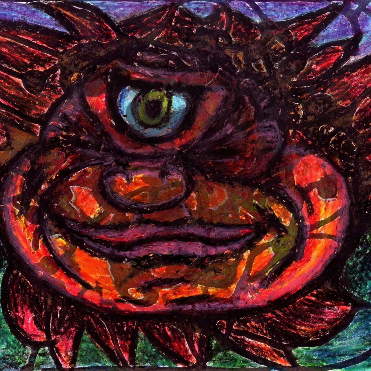 A fiery-red cyclops who is slightly hungry. \\\ Original painting