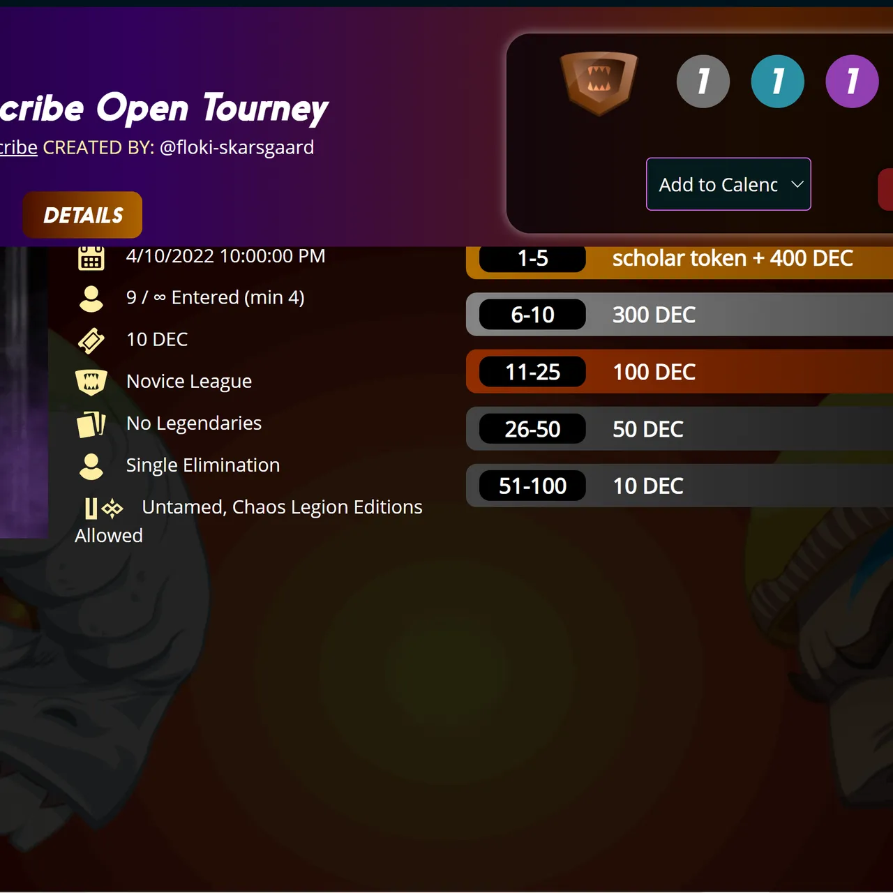 tournament celebrating new token starts on 4/10!