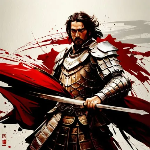 Medieval samurai oil painting style.