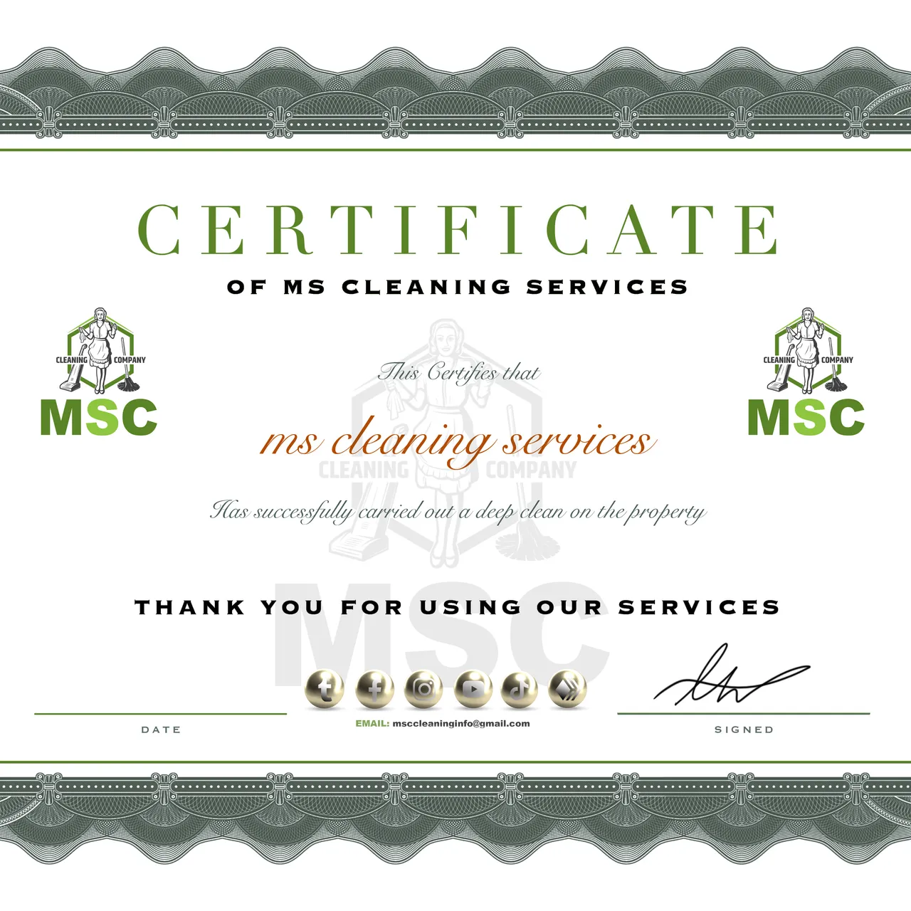 OUR CERTIFICATE FROM MS CLEANING SERVICES