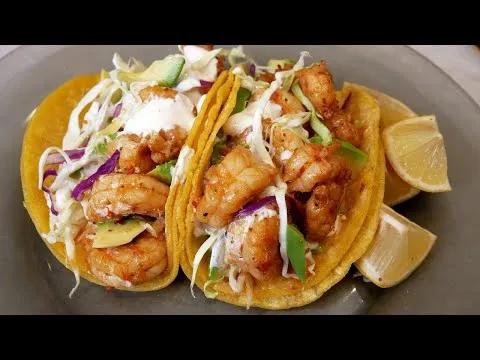 Baja Red Argentine Shrimp Tacos with Homemade Baja Sauce