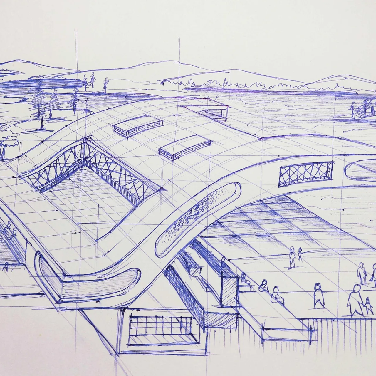 Freehand architectural concept drawing using ball pen.